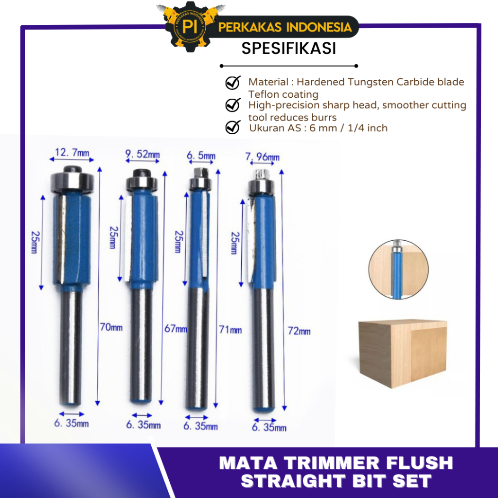 Jual Mata Trimmer Flush Trim Straight Bit SET 4 pcs Mata Pisau Mesin ...