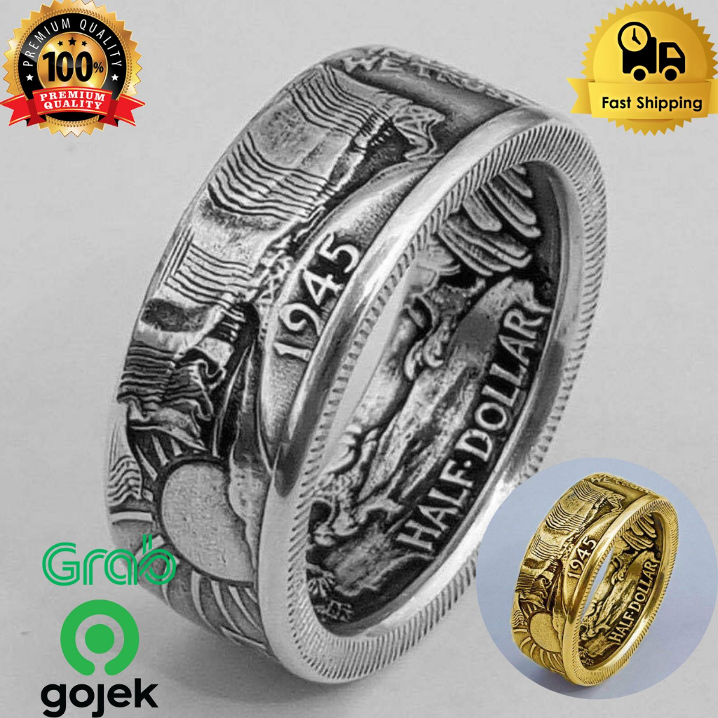 Jual Cincin pria motif dollar US antik titanium silver gold simple men ...