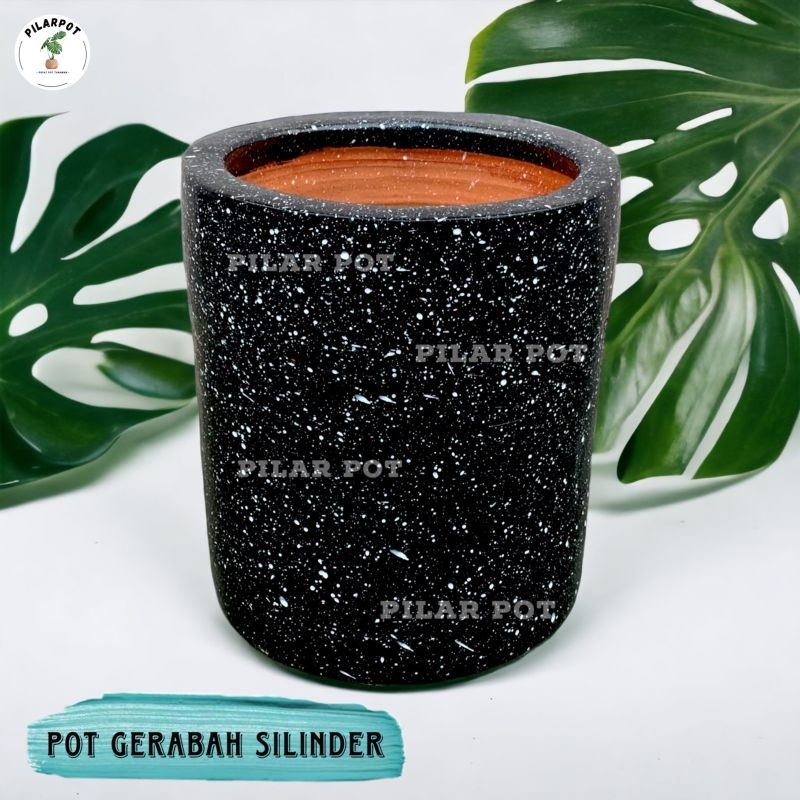 Jual POT BUNGA GERABAH TANAH LIAT SILINDER SPRINKLE HITAM D22 T26 ...