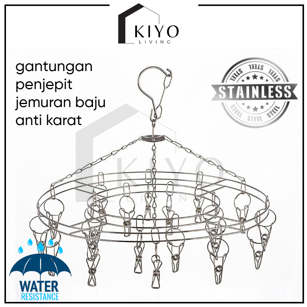 Jual KIYO Gantungan Jemuran Baju Hanger 20 Jepit Stainless Steel Bulat ...