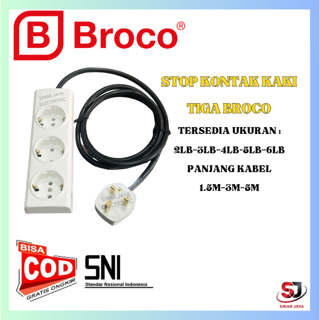 Jual Stop Kontak Colokan kaki Tiga Broco 1.5 M - 3 M - 5 M / Colokan ...
