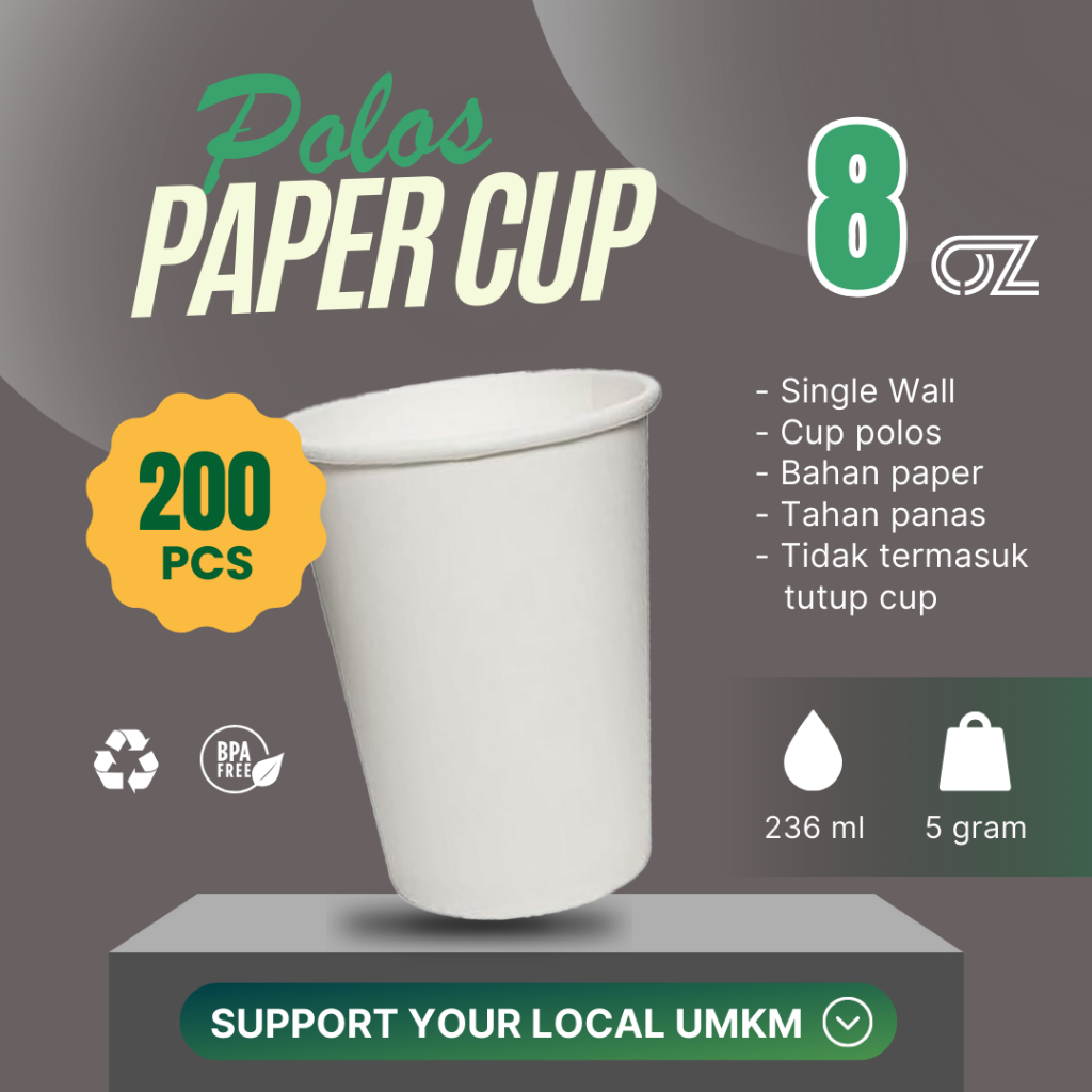 Jual GELAS KERTAS / PAPER CUP 8oz SINGLE WALL POLOS - TANPA TUTUP | Shopee Indonesia