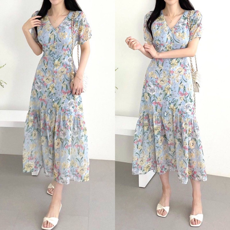 Jual [Noona Butik] Korean floral dress - Sifon casual bunga midi ...