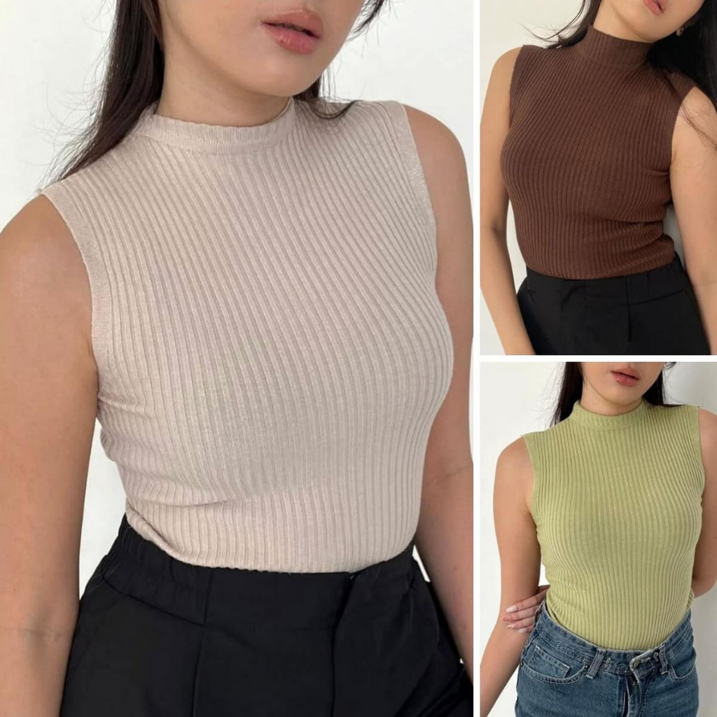 Jual Tank Top Knit Korea - TankTop Turtle Neck Premium - Tanktop Knit ...