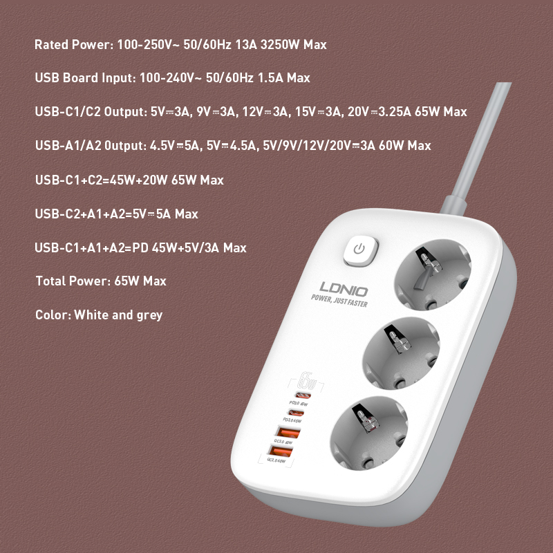 Jual LDNIO Power Strip 3 Socket SC3416 SE3436 3250W 4 USB 65W GaN ...