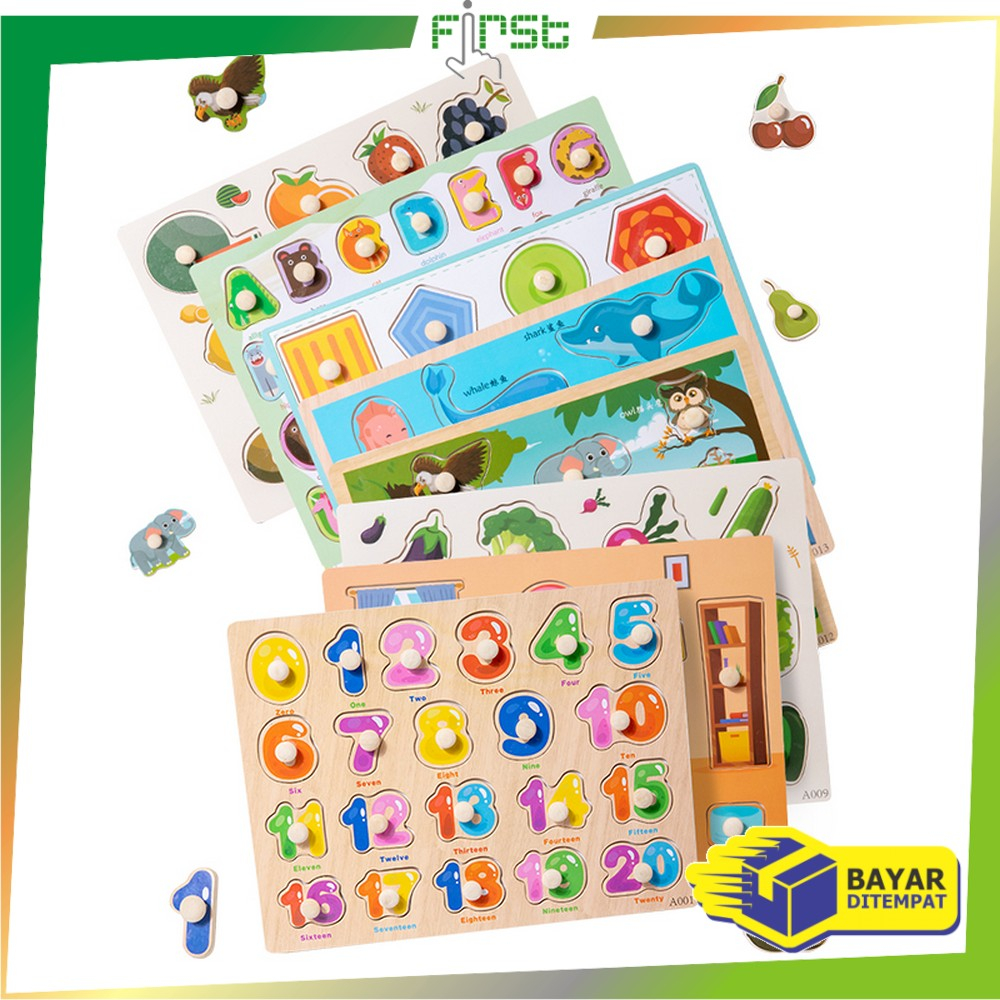 Jual FH-M324 Puzzle Kayu Knob Mainan Kayu Puzzle Angka Abjad Anak ...
