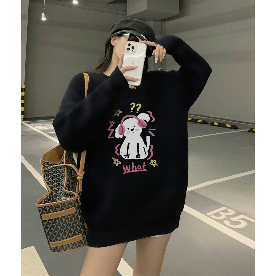 Jual switer hitam wanita retro lengan panjang cartoon motif graffiti ...