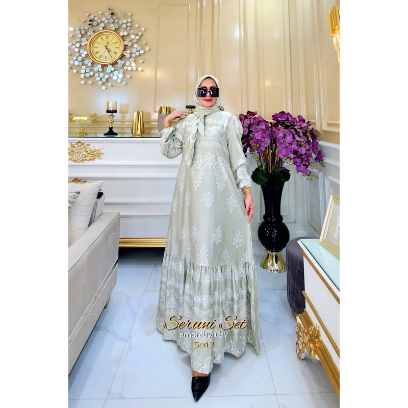 Jual SERUNI SET 2 DRESS MUSLIM + HIJAB SEGIEMPAT GAMIS SILK MOTIF MEWAH ...