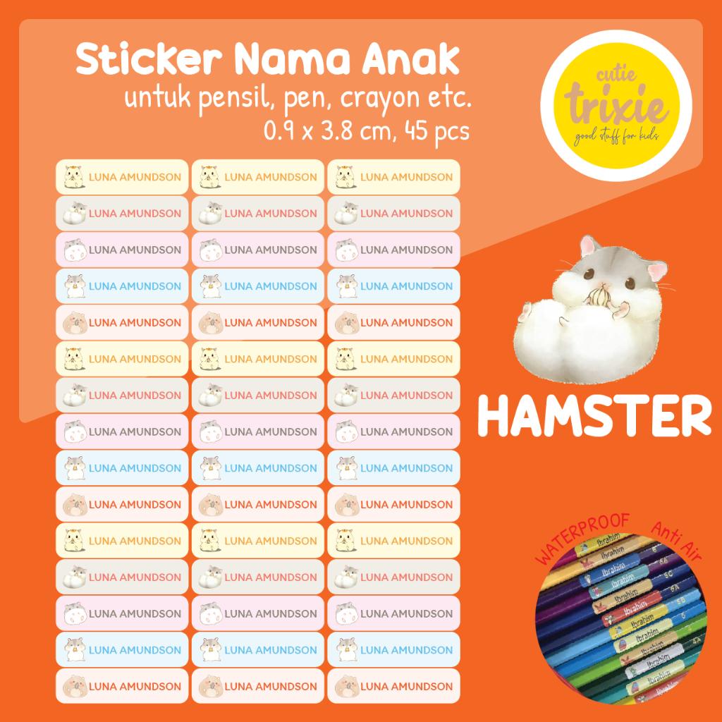 Jual Sticker label nama anak untuk pensil pen crayon Hamster | Shopee ...