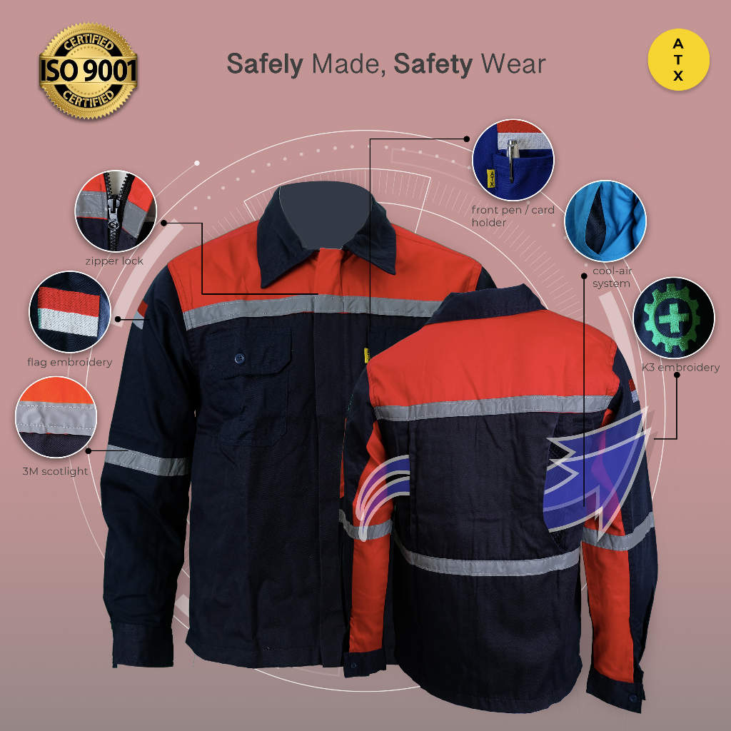 Jual Wearpack Atasan Kemeja Safety Baju Safety Merah Kombinasi Navy ...