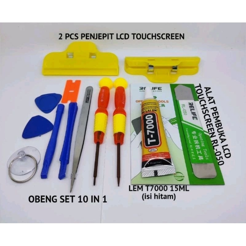 Jual OBENG SET HP 10 IN 1 + PENJEPIT LCD + LEM T7000 15ML + PEMBUKA LCD TOUCHSCREEN RL-050 ...