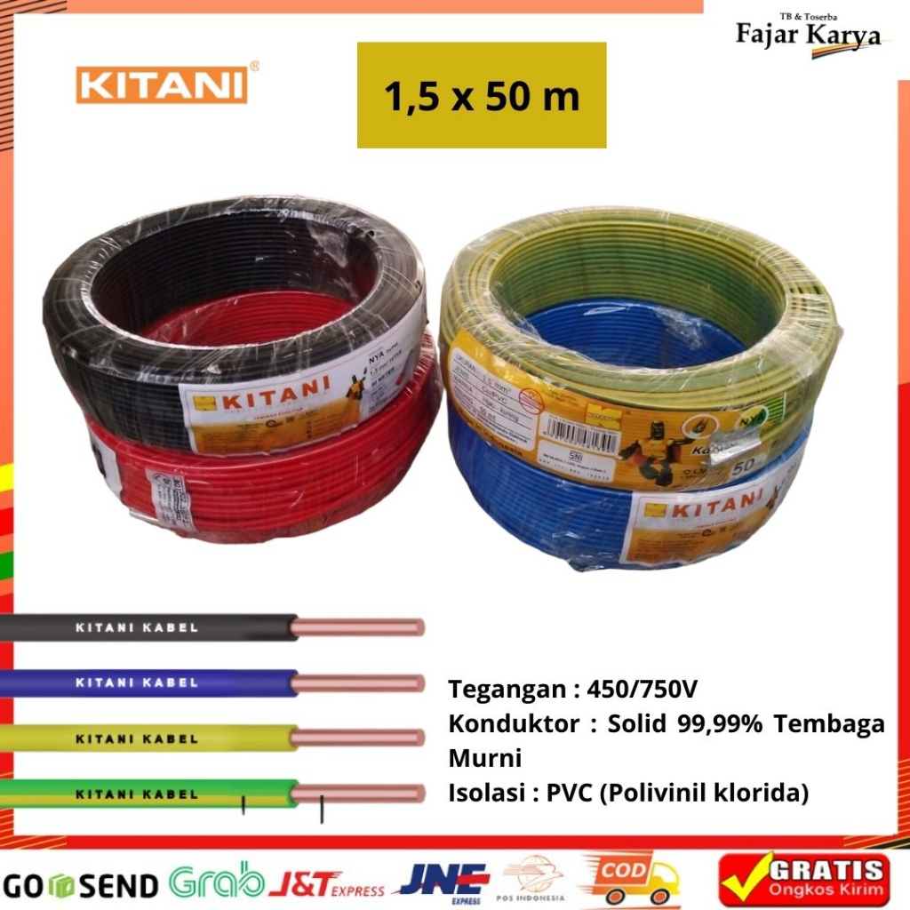 Jual KABEL LISTRIK SNI NYA KITANI 1.5 mm X 50 m TUNGGAL FULL TEMBAGA MURNI TERMURAH READY STOCK ...