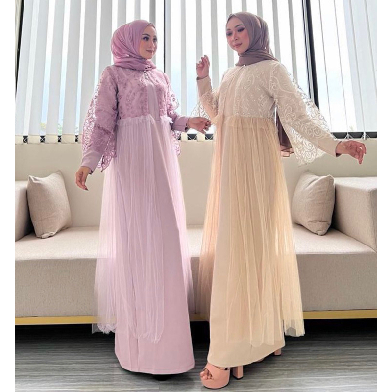 Jual Monica Gamis scuba mix brukat tille premium | Shopee Indonesia