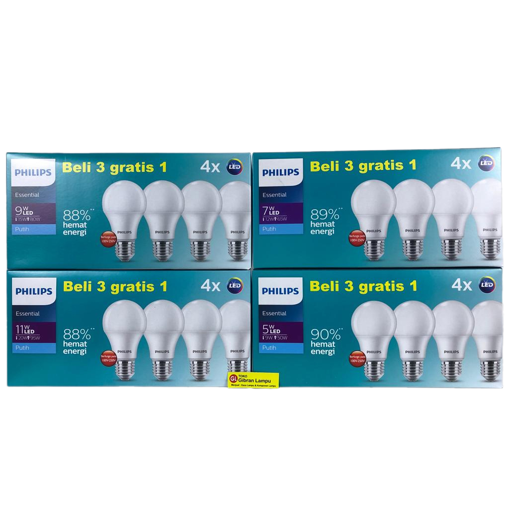 Jual PHILIPS LEDBULB ESSENTIAL LED 3 GRATIS 1 ISI 4PCS - PUTIH 5W, 7W ...