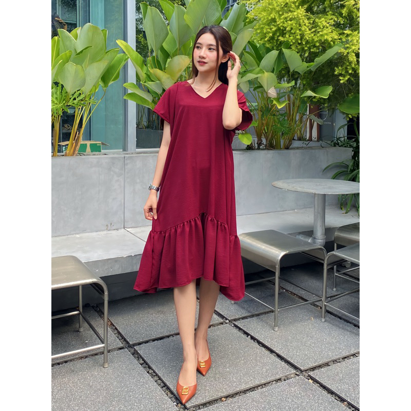 Jual Jennie Dress Daster Kekinian Wanita Ruffle Kerah V neck Crinkle ...