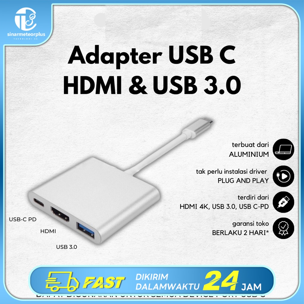 Jual Konverter Konektor USB C ke 3 in 1 HDMI Konverter Konektor USB 3.0 ...