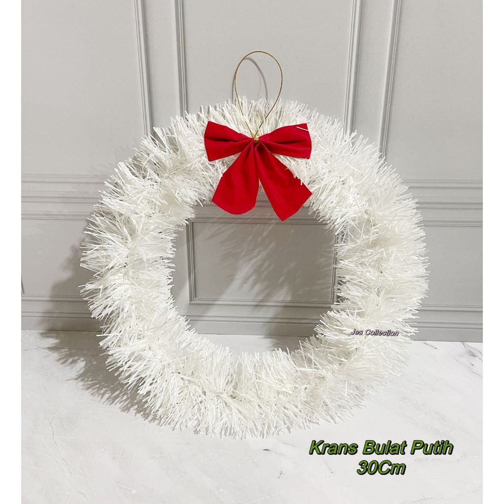 Jual Hiasan Pintu Natal Dekorasi Krans Bulat Hijau Salju Putih ukuran ...