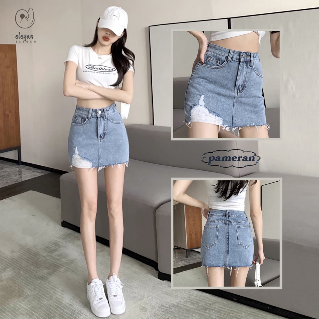 Jual Rok jeans pendek sobek rok korean style high waist ripped hitam ...
