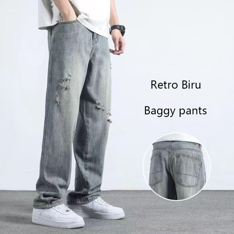 Jual KeyBoy Celana jeans pria panjang retro sobek straight baggy dewasa cowok casual korean ...