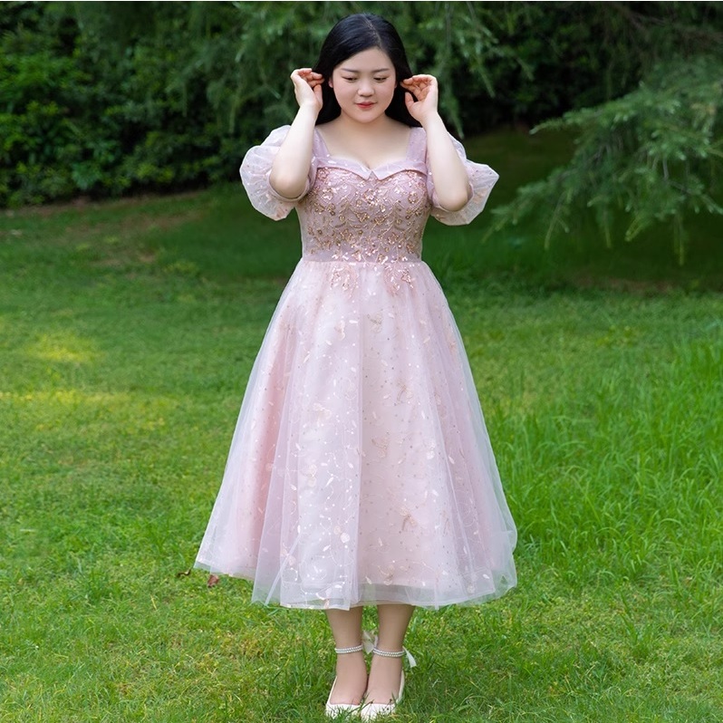 Jual Gaun Pesta 2310006 Pink Lengan Siku V Neck Big Size Party Dress ...