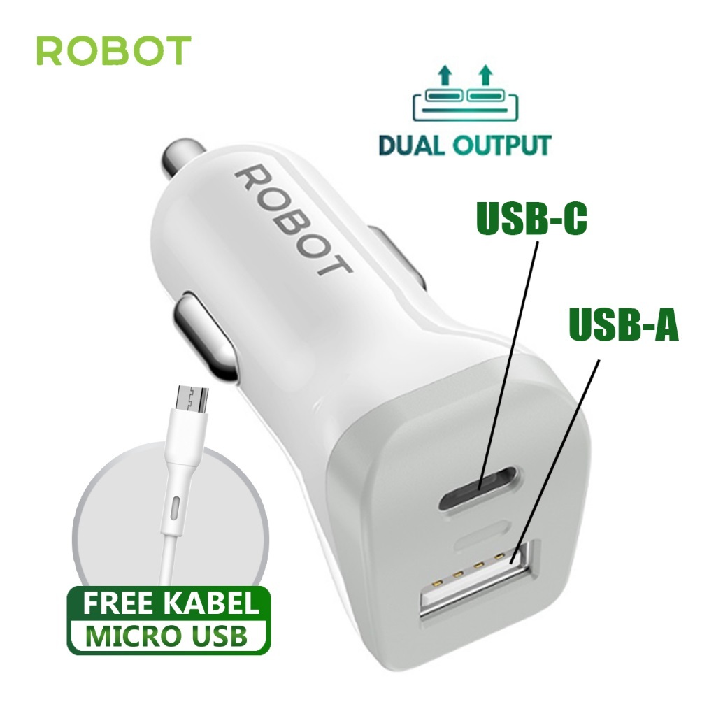 Jual ROBOT RT-C09 CAR CHARGER MOBIL DUAL PORT USB & TYPE-C 2 OUTPUT 2 ...