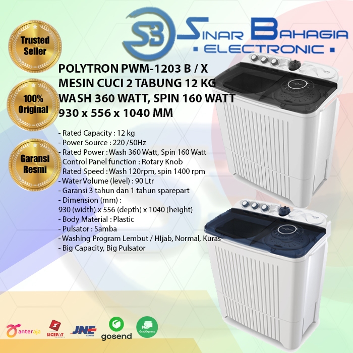 Jual POLYTRON PWM-1203 B / X MESIN CUCI 2 TABUNG 12 KG WASH 360 WATT ...
