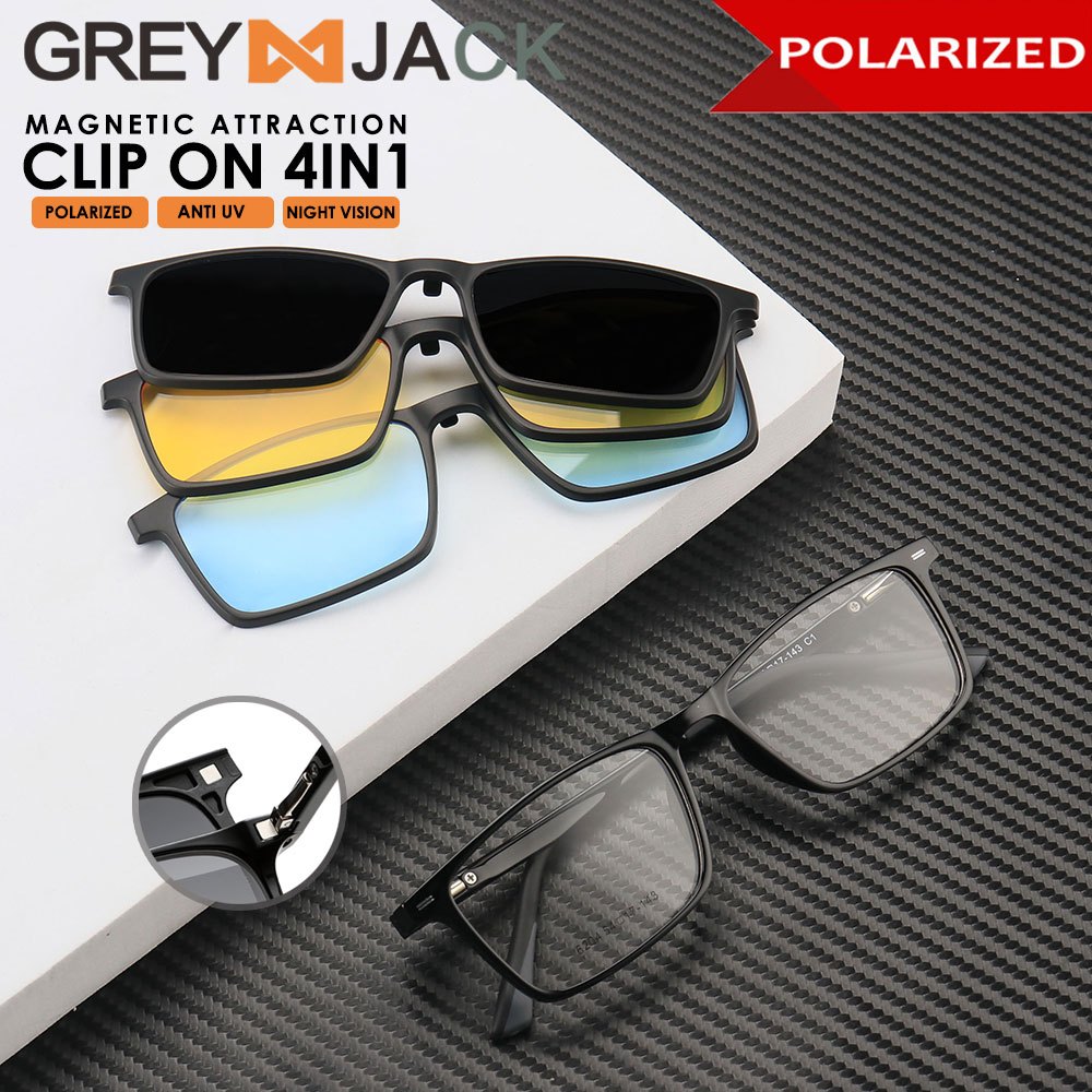 Jual Grey Jack Kacamata Clip On 4in1 Free Polarized Lens Bahan TR90 Ringan Keren Pria Wanita ...