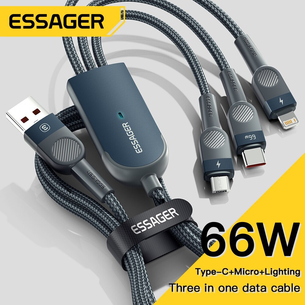 Jual Essager kabel fast Charging Micro USB Type C Lightning 3 in 1 66W ...