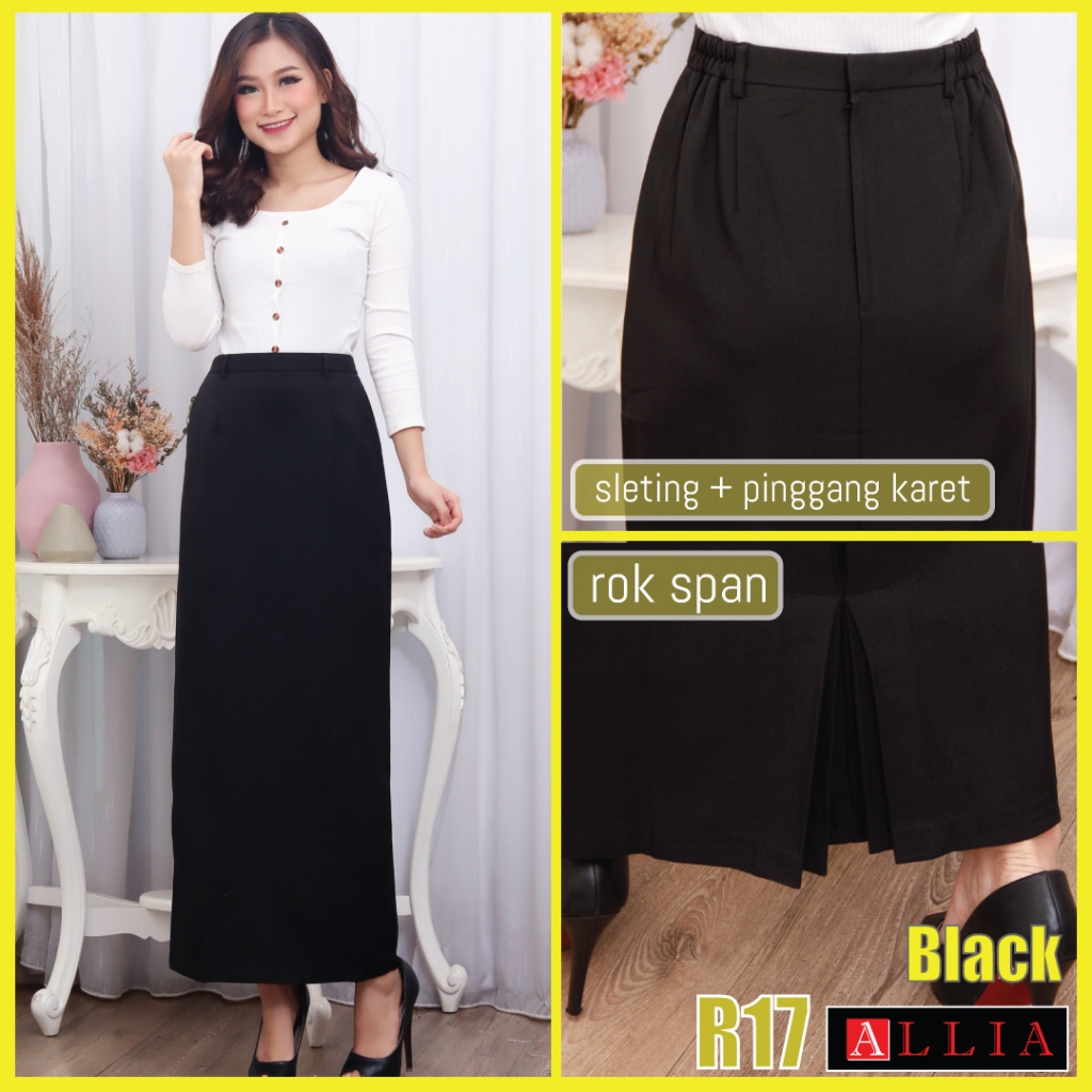 Jual ALLIA R17 BLACK M - 7L - ROK HITAM - ROK SPAN WANITA - ROK WANITA ...
