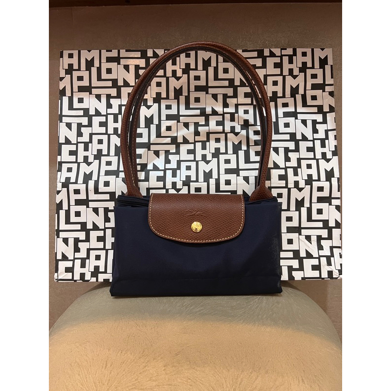 Jual Tas LC Le Pliage Original Medium Long Handle Tote Bag Navy Brown ...