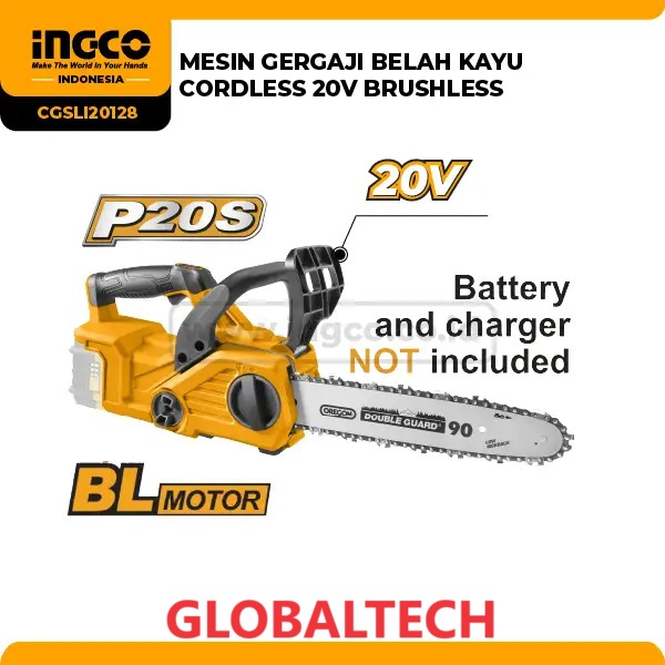 Jual INGCO CGSLI20128 CORDLESS CHAIN SAW GERGAJI BATERAI 20V BRUSHLESS ...