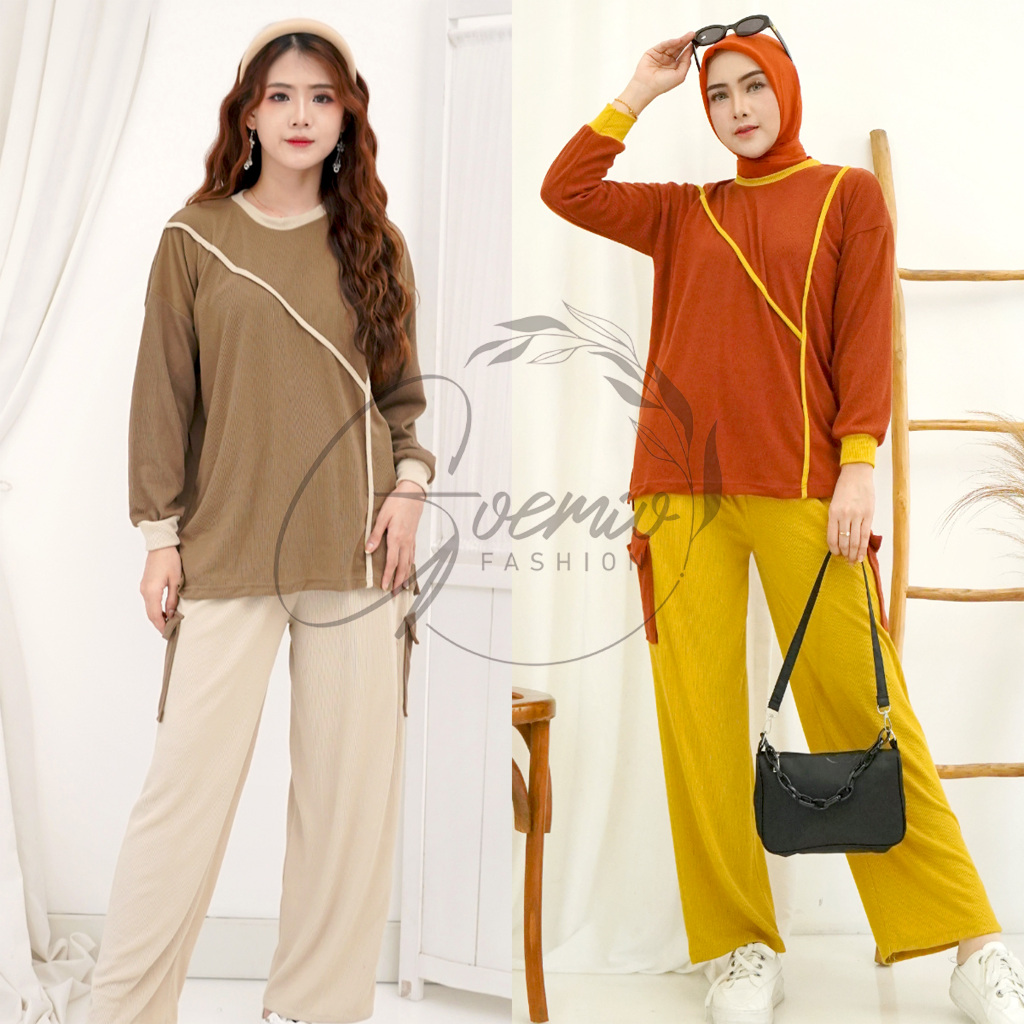 Jual ilook | LD 110 One Set Comfy Setelan Katun Knit Combi Atasan Dan Celana Panjang Cargo ...