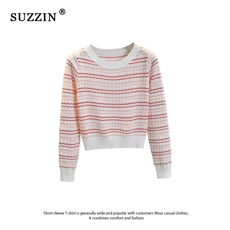 Jual Atasan wanita kasual gaya Korea Kaos Crewneck Wanita Rajut Lengan Panjang Stripe Casual ...