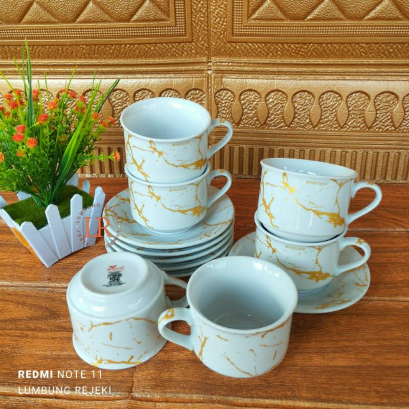 Jual Cangkir Set Keramik Segi 220 ml | Cangkir Marble whiteline ...
