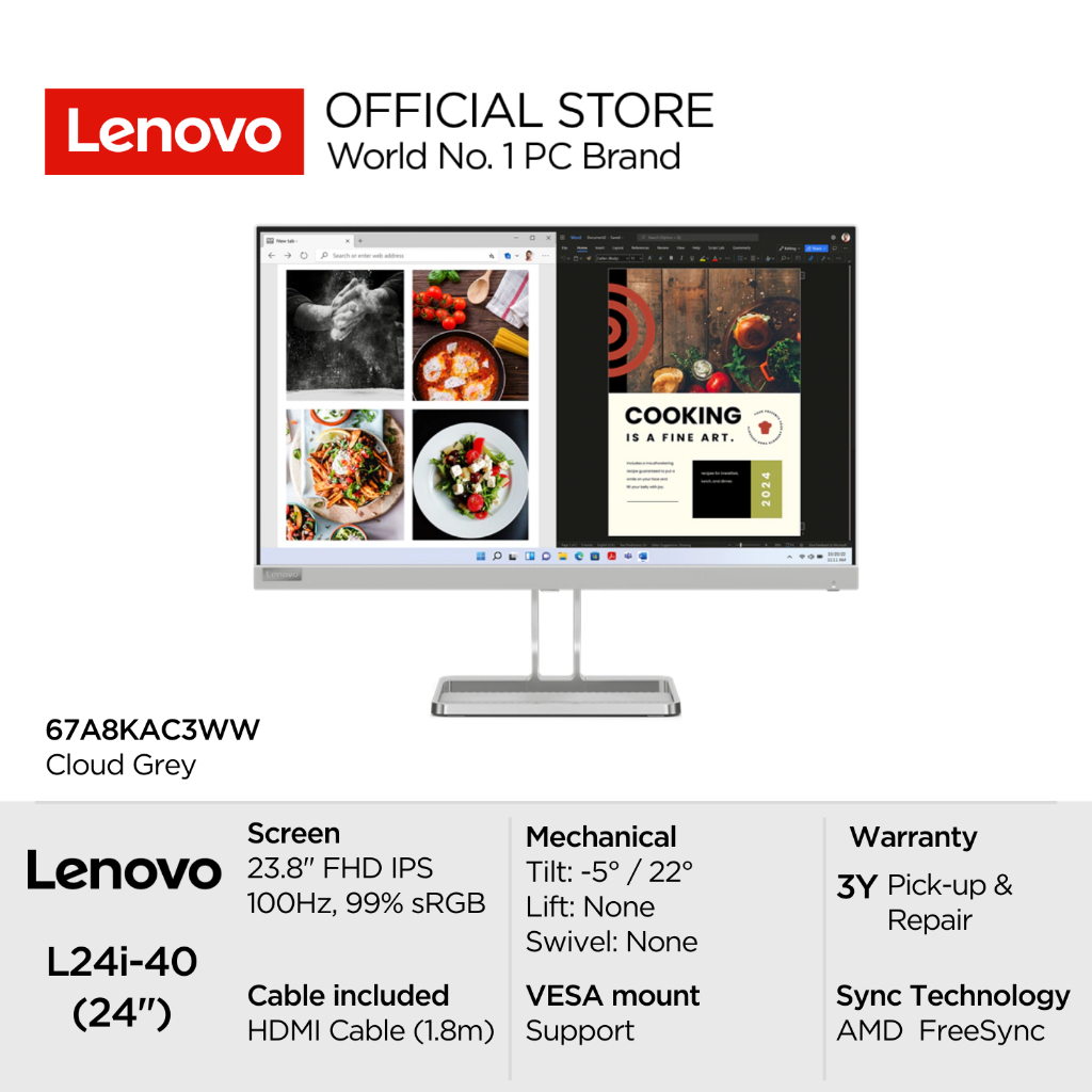 Jual Lenovo Monitor L24i-40 67A8KAC3WW Cloud Grey 23.8" FHD IPS 250nits ...