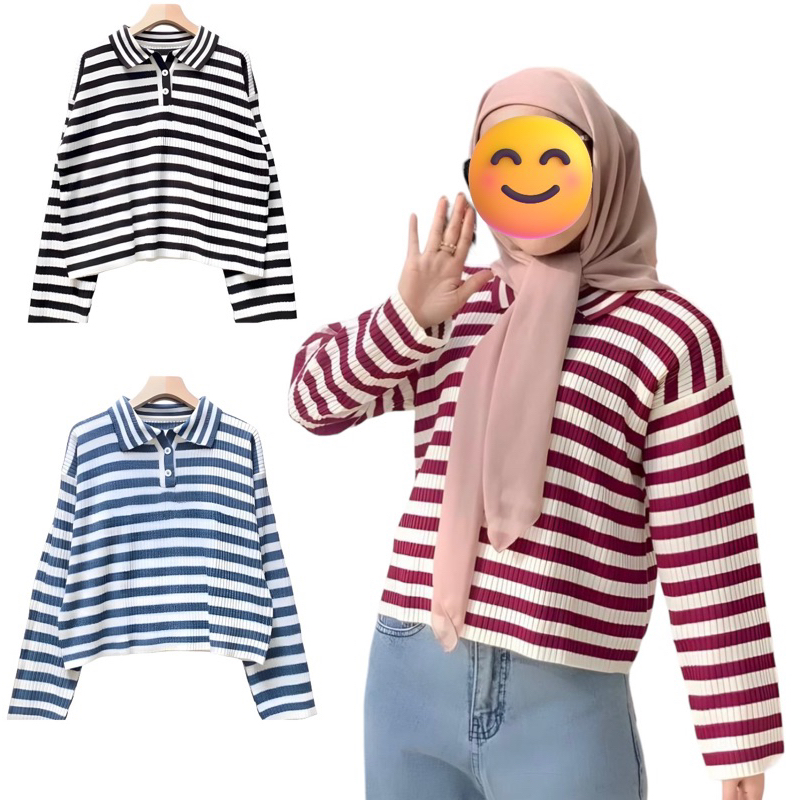 Jual SWEATER RAJUT KERAH MOTIF GARIS SECER WANITA | Shopee Indonesia