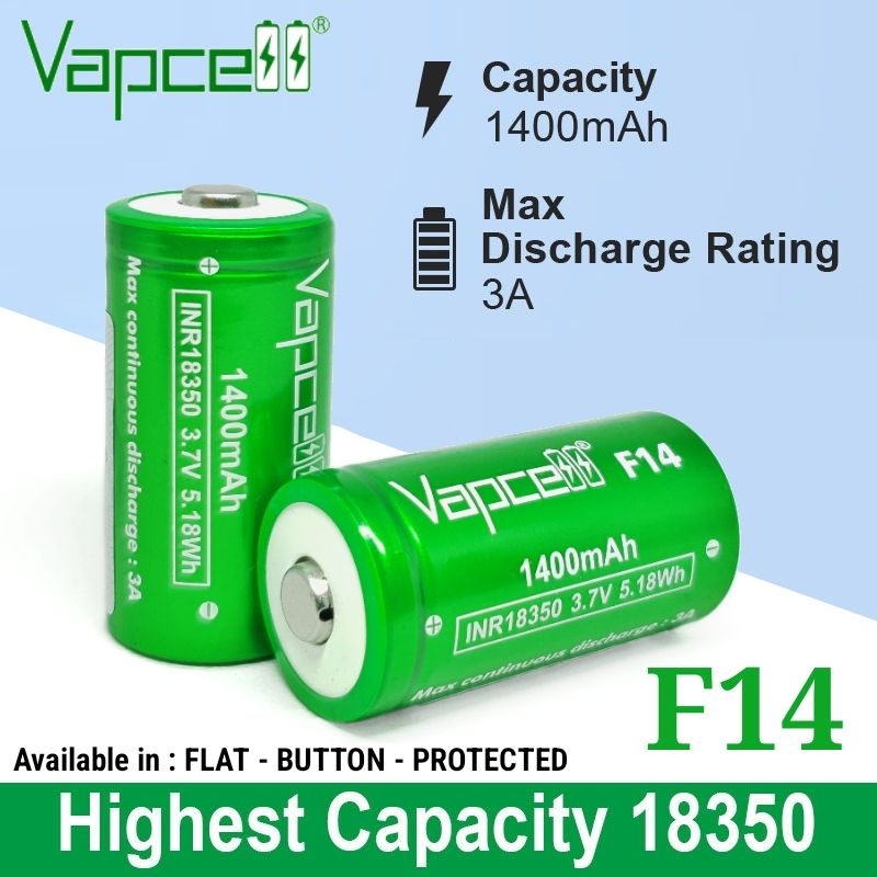 Jual VAPCELL F14 BATERAI 18350 1400mAh HIGH CAPACITY BATTERY SENTER LED ...