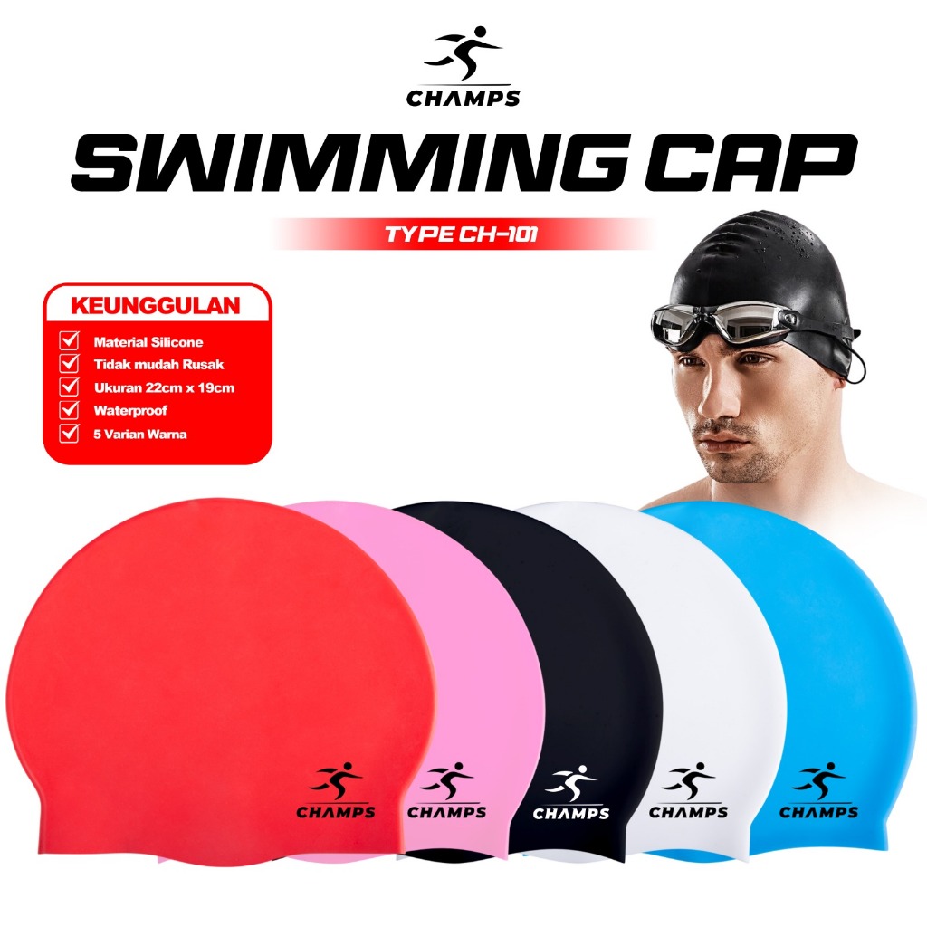 Jual CHAMPS Swimming Cap Topi Renang Dewasa Anak Premium Silicone ...