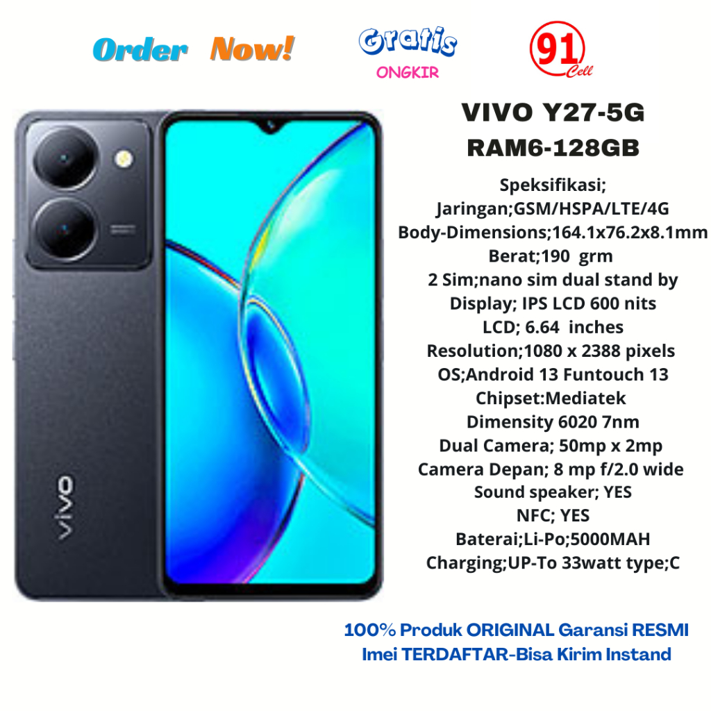 Jual VIVO Y27-5G (RAM6+6/128GB) MEDIATEK DIMENSITY 6020 CAMERA 50MP GARANSI RESMI | Shopee Indonesia