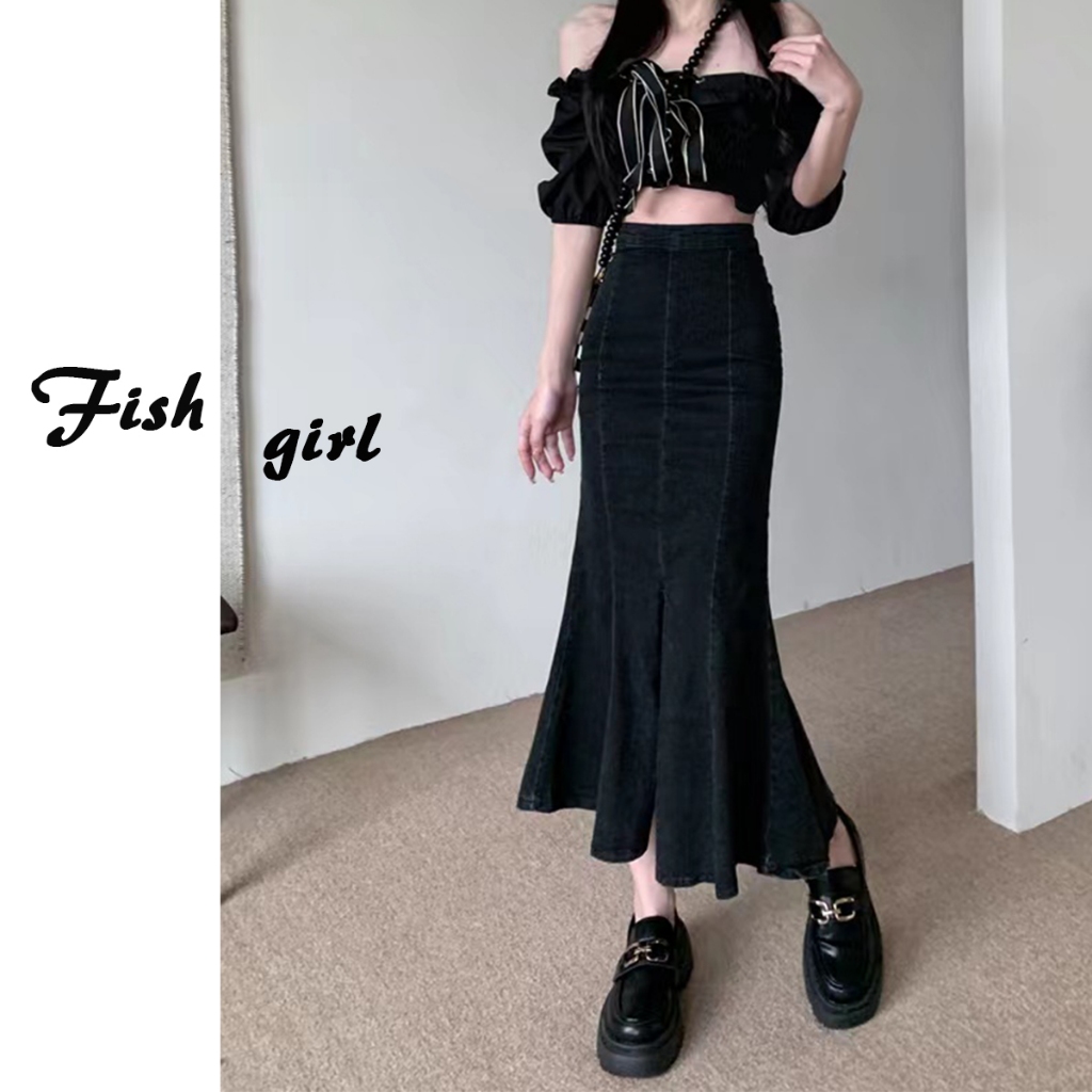 Jual Fishtail girl rok jeans panjang rok duyung rok ruffle rok korean ...