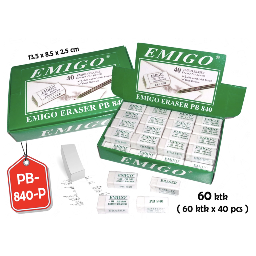 Jual 1 BOX / 40 Pcs Penghapus Eraser Emigo PB 840 ( Putih ) | Shopee ...
