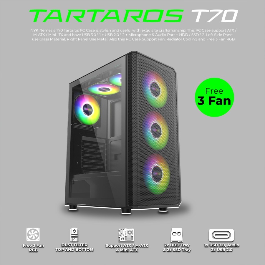 Jual NYK Nemesis Gaming Case Tartaros T70 Casing ATX Free 3Fan RGB ...