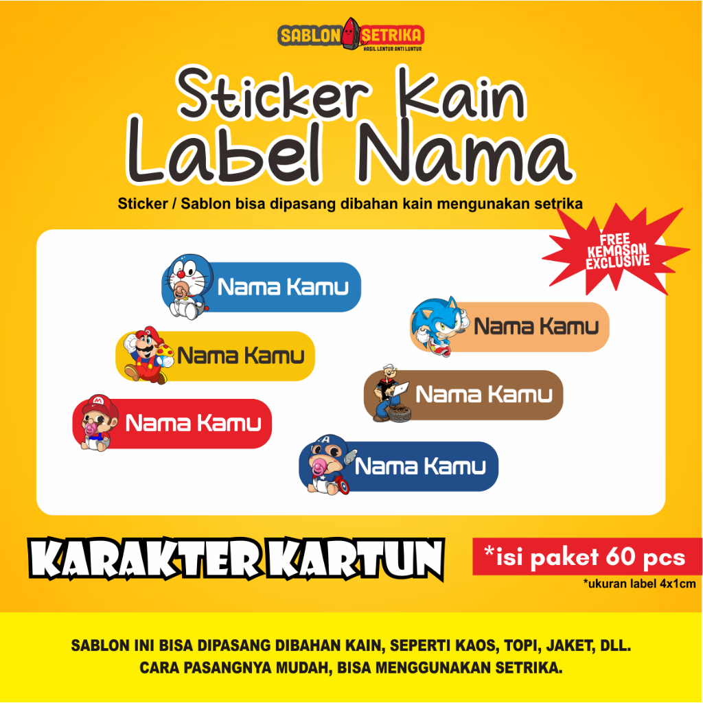 Jual Label Nama Custom/ Sticker Kain Nama/ Sablon Setrika Karakter ...