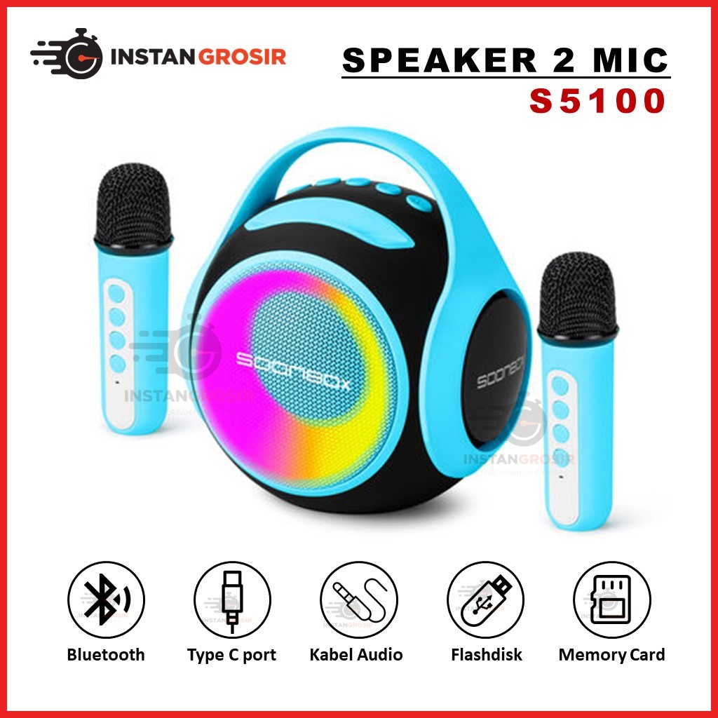 Jual Speaker Bluetooth mini Karoke S5100 S-5100 + 2 Mic speker karaoke TWS soonbox Blutut LED ...