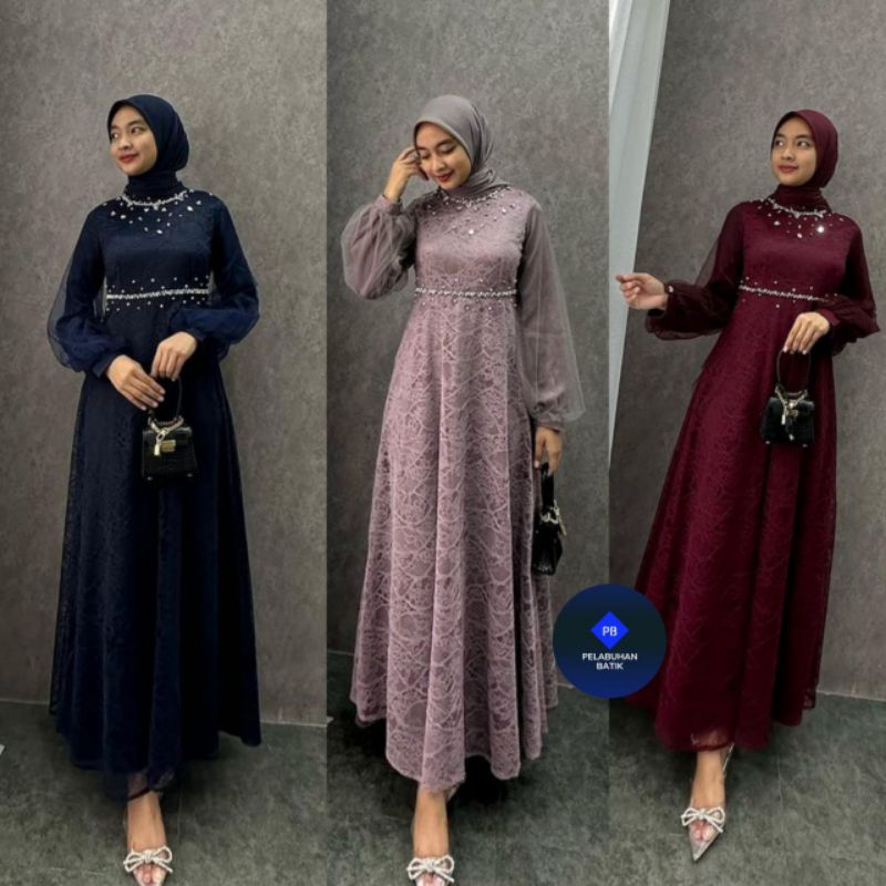 Jual TERMURAH!!! NADINE DRESS BROKAT KOMBINASI / FASHION MUSLIM WANITA / GAMIS NADINE / BISA COD ...