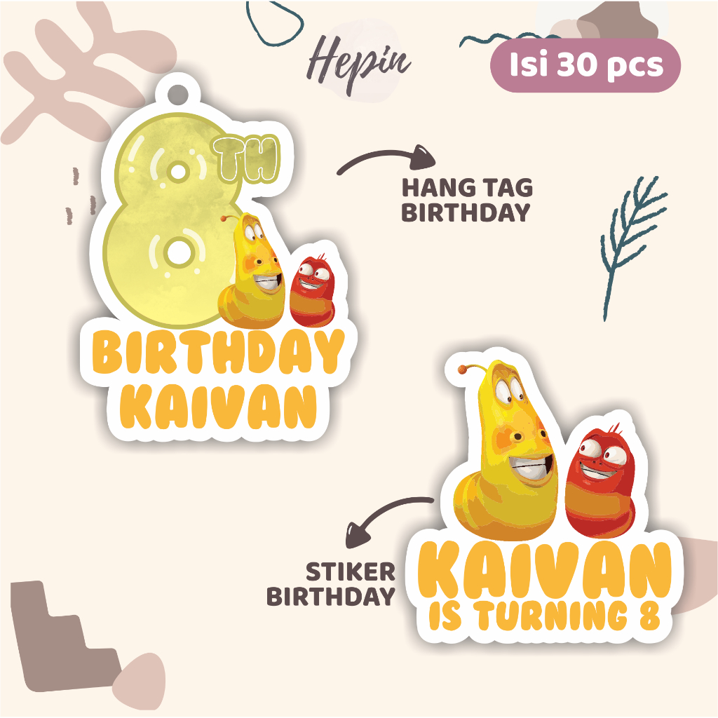 Jual (30pcs) cetak Hang tag & stiker label ulang tahun karakter LARVA ...