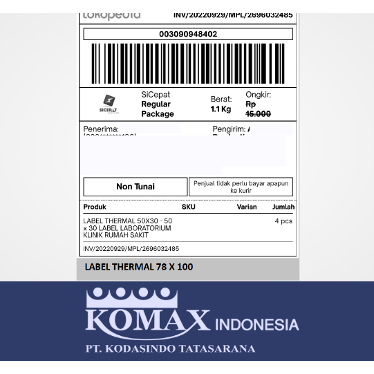 Jual LABEL CETAK RESI KERTAS STICKER LABEL PRINTER BARCODE 78 X 100 MM ...