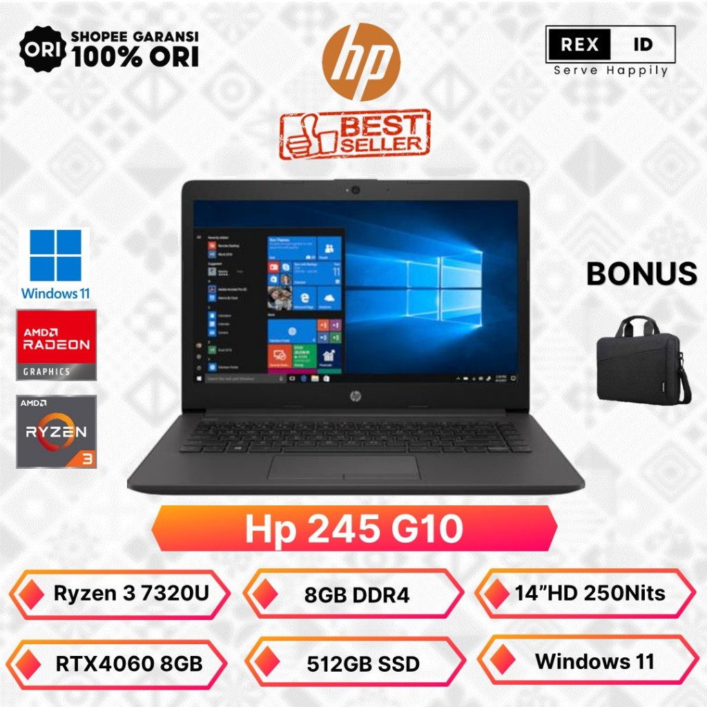 Jual Laptop Hp 245 G10 Slim Bazel Ryzen 3-7320 8GB 512GB 14"Inch HD ...