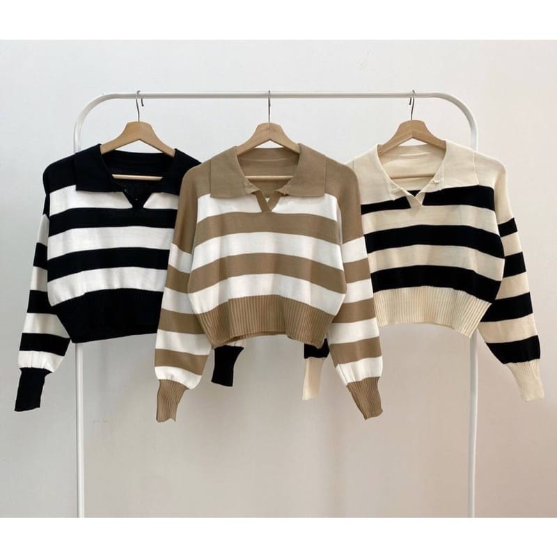 Jual Sweater Rajut Valencia Atasan Wanita Crop Motif Garis-Garis All ...