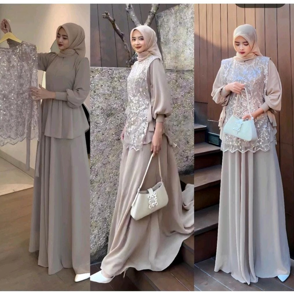 Jual Vallina Outfit - Cintya Maxy Dress Set Vest Brokat Premium Gamis Wanita Muslim Pesta ...